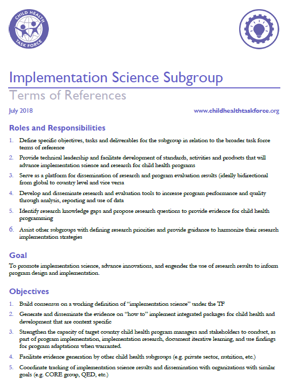 Implementation Science Subgroup Terms of Reference | Child Health Task ... Implementation Science Subgroup Terms of Reference | Child Health Task ...